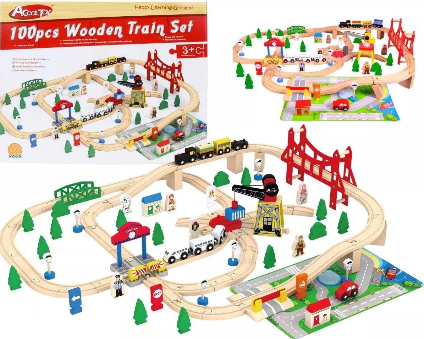 Tren din lemn cu șine și trecere de cale ferată Acool Toy - 100 de ...